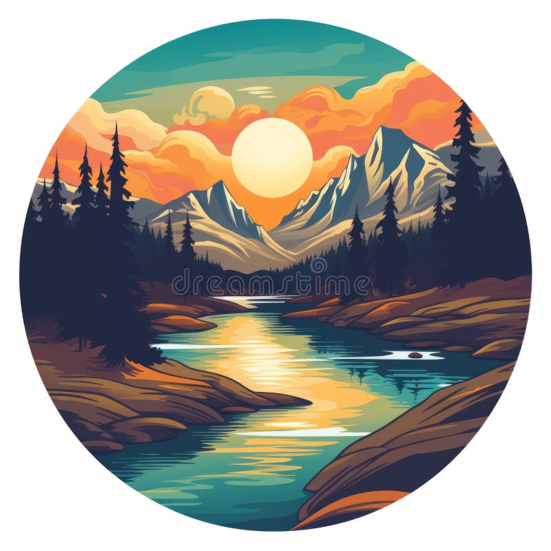 Mountain Stream Sunset Artwork in Round Frame Stock Illustration ...