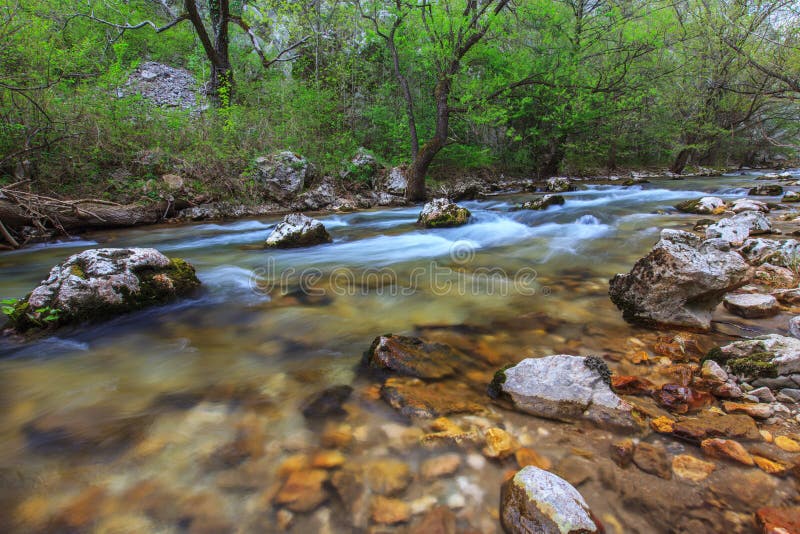 Mountain Stream and Waterfalls in the Forest in Spring Stock Photo ...