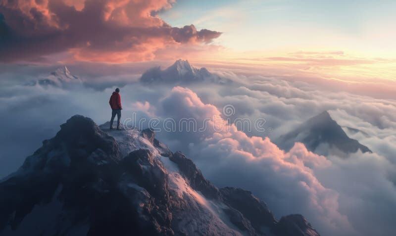 Mountain Summit View, Climber Overlooking Clouds and Peaks, Sunset ...