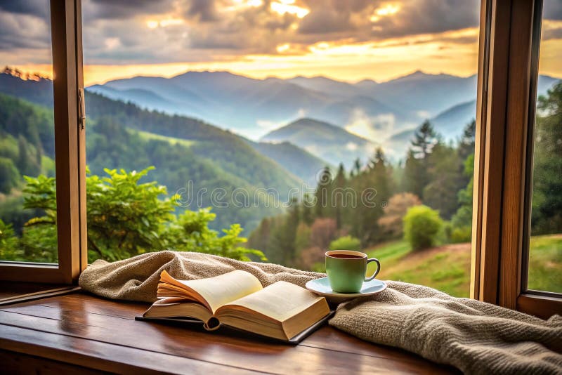 Mountain Sunrise View from Window with Book and Tea Stock Illustration ...
