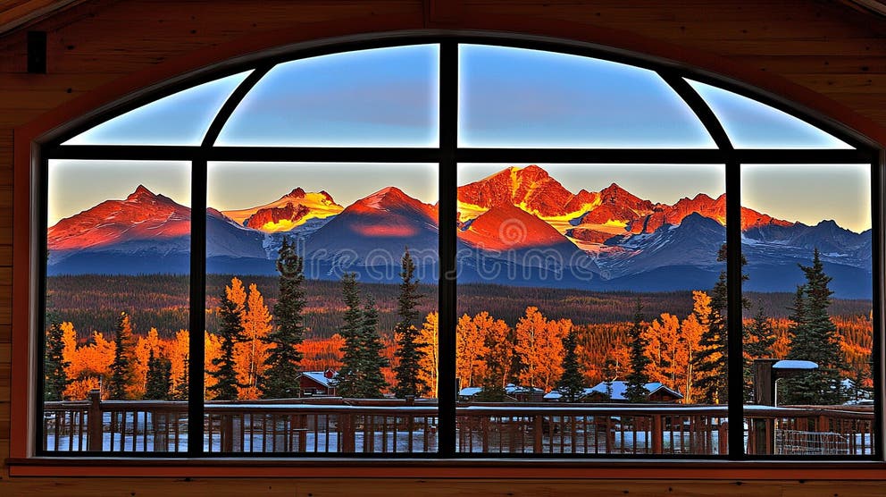 Mountain Sunrise Viewed through Lodge Window Stock Photo - Image of ...