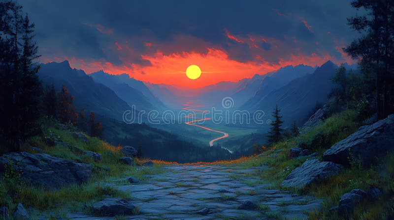 Mountain Sunset Path, Valley River, Scenic View, Postcard Stock ...