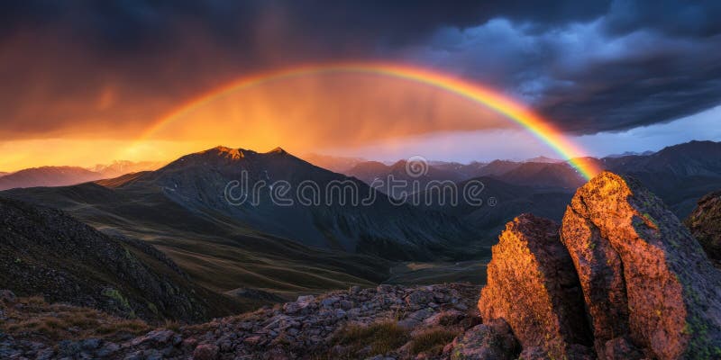 Mountain Sunset with Rainbow Stock Photo - Image of weather, panorama ...