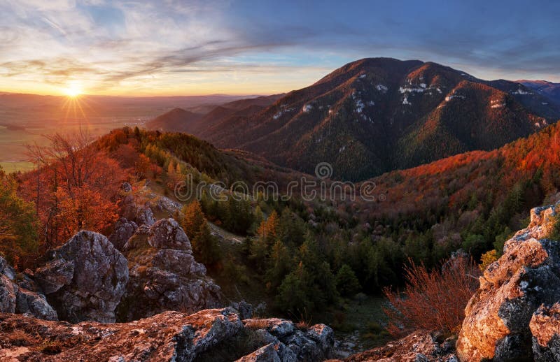 Mountain at Sunset with Sun and Forest Stock Photo - Image of nature ...