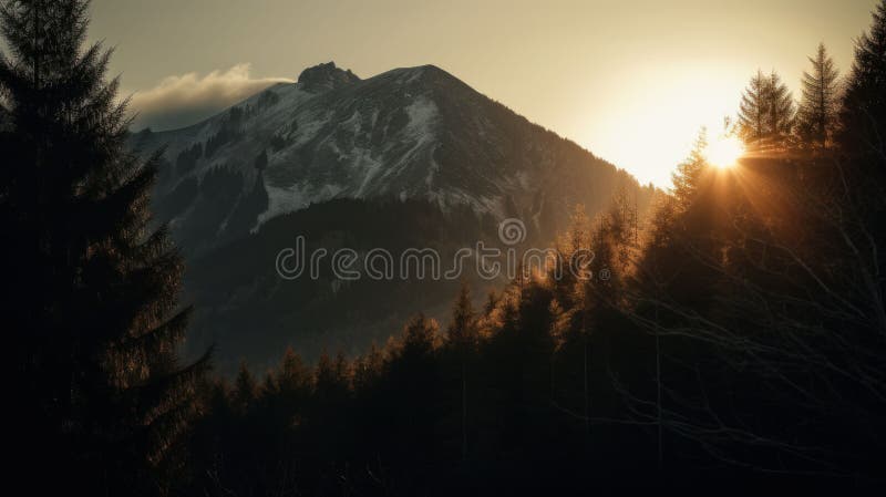 Mountain at Sunset with Sun and Forest Stock Photo - Image of heavenly ...