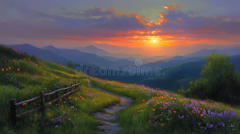 Mountain Sunset Trail Wildflowers Scenic Landscape Stock Illustration ...