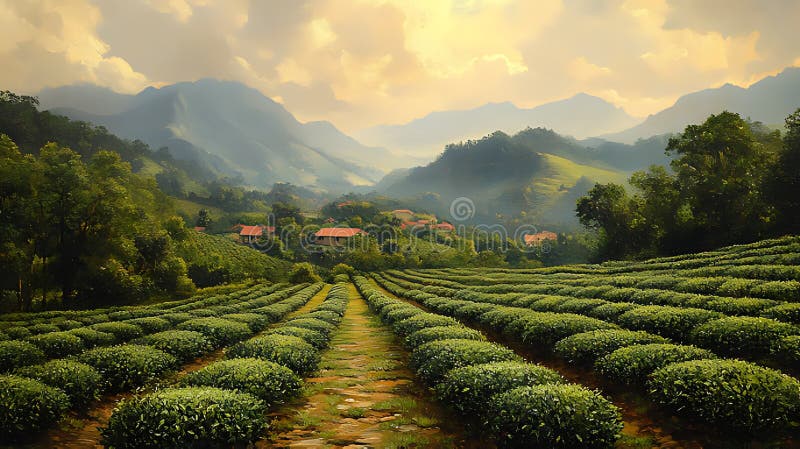 Mountain Tea Plantation Sunset Landscape Stock Illustration ...