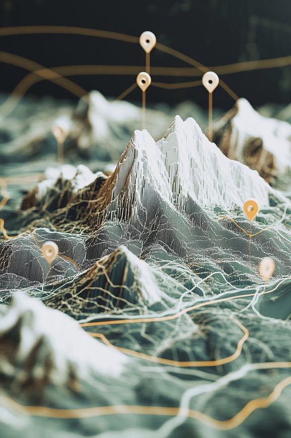 A Mountain Terrain 3D Map with Elevation Lines Location Pins and ...