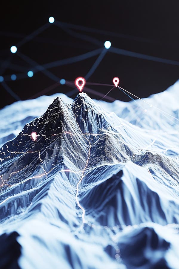 A Mountain Terrain 3D Map with Elevation Lines Location Pins and ...