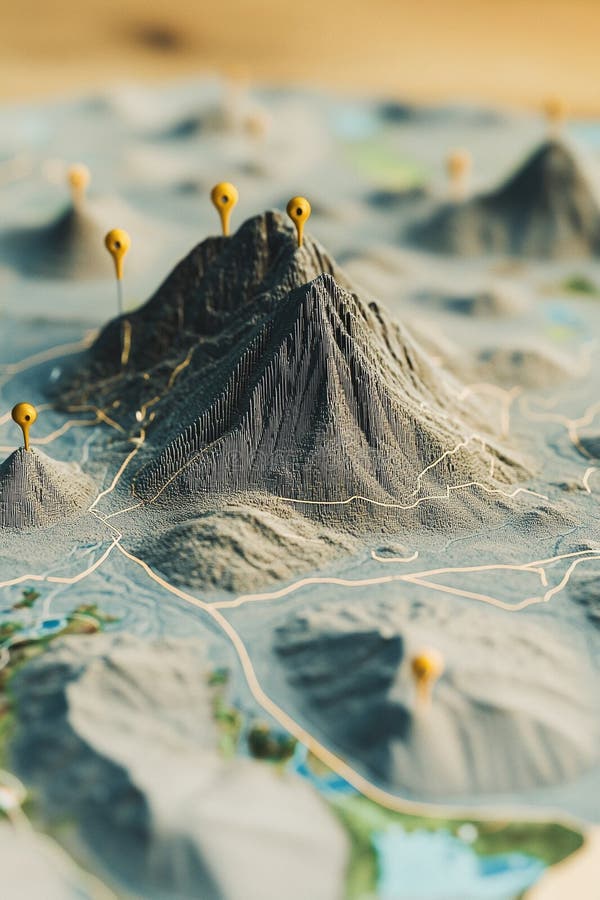 A Mountain Terrain 3D Map with Elevation Lines Location Pins and ...