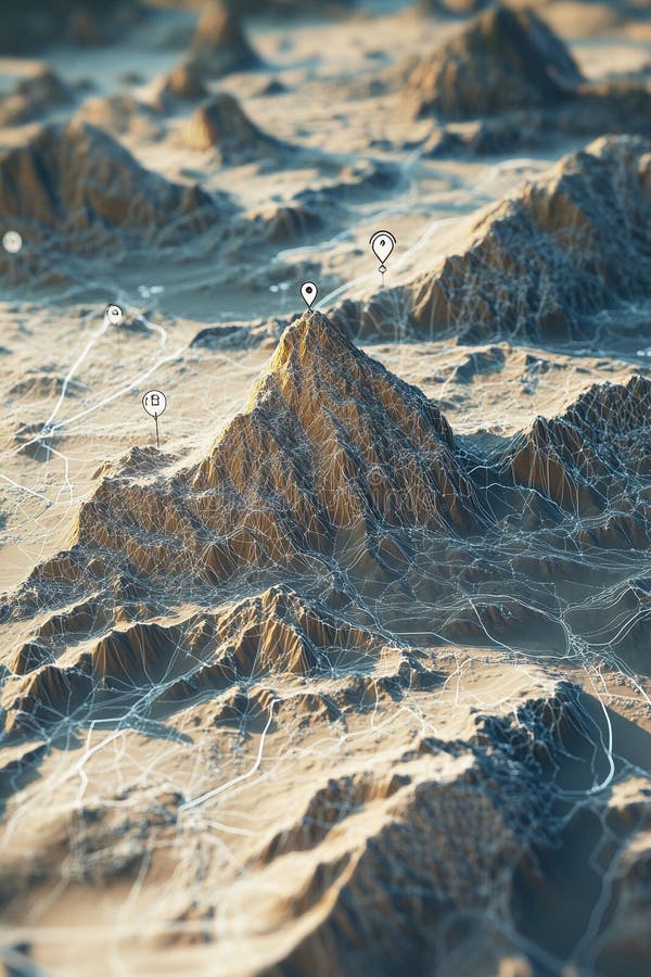 A Mountain Terrain 3D Map with Elevation Lines Location Pins and ...
