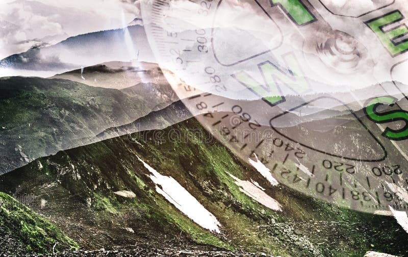 Mountain Landscape and Compass, Double Exposure Stock Illustration ...