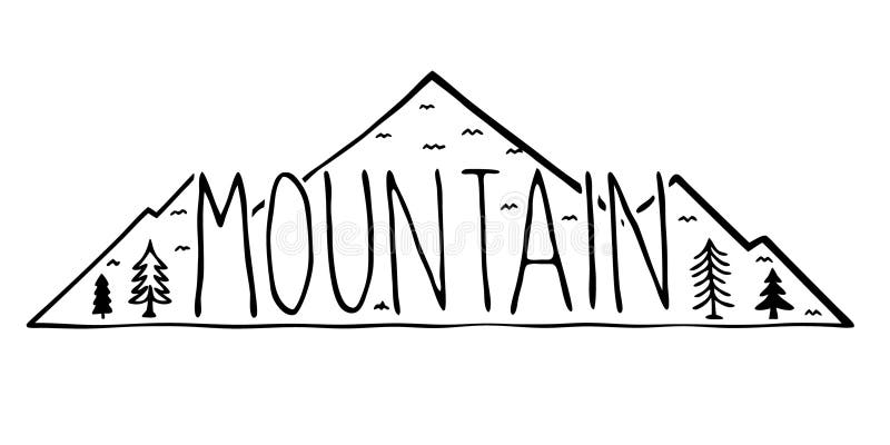 Mountain Text Landscape Drawing with Trees and Peaks on Transparent ...