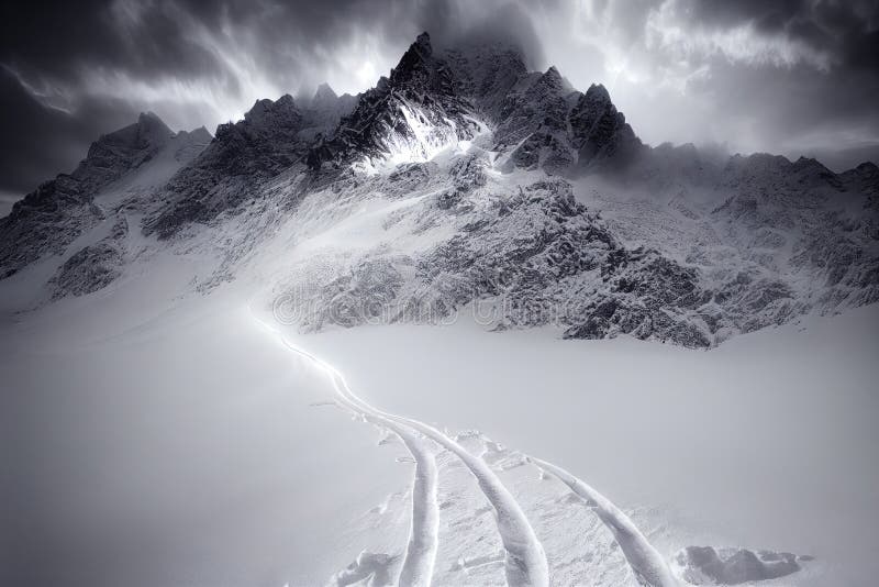 A Mountain with a Trail Going through it in the Snow with a Cloudy Sky ...