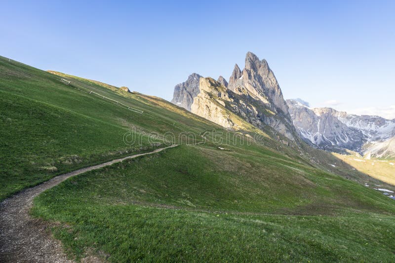 Mountain Trail To the Seceda. View of Odle Mountain Range in Dolomites ...