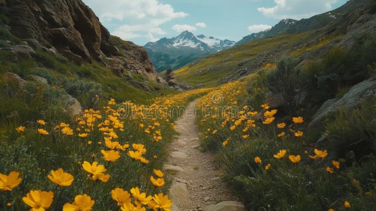Mountain Trail Wildflowers Blooming Pathway Stock Illustration - Illustration of pathway ...