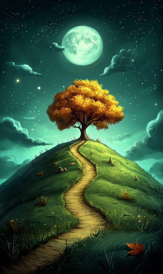 On a Mountain, a Tree is Situated Beneath a Full Moon and Connected by ...