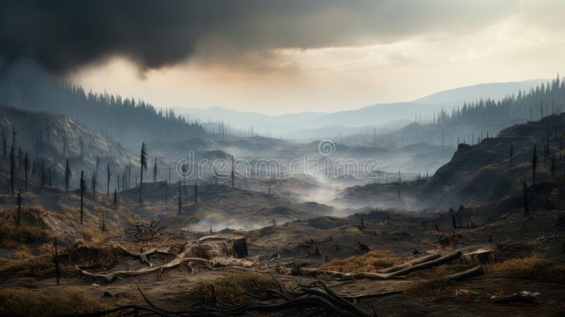 Desolate Landscape: a Ruined Forest Scene with Trees and Smoke Stock ...