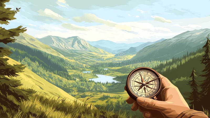 Mountain Valley Compass Illustration Stock Image - Image of hills ...
