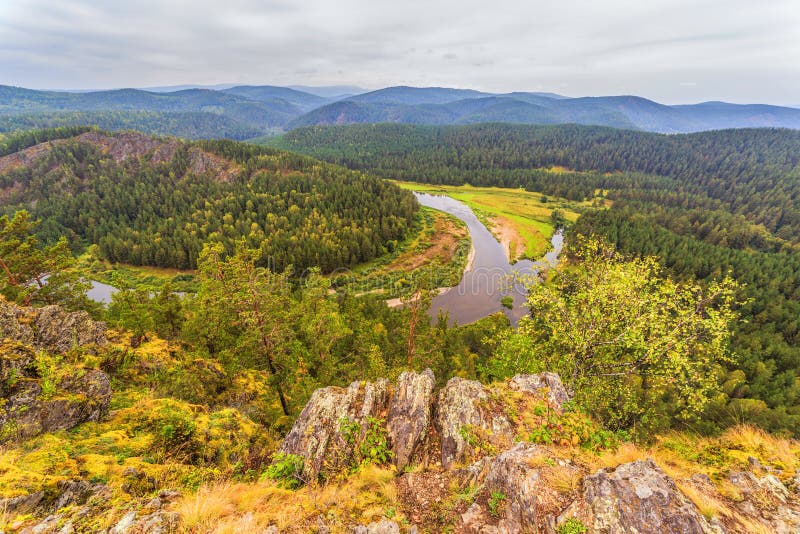 Mountain Valley with a High Cliff Overlooking the River Belaya. Stock ...