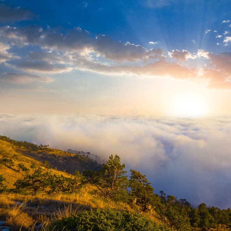 Mountain Valley in Mist and Clouds at the Sunset Stock Photo - Image of ...