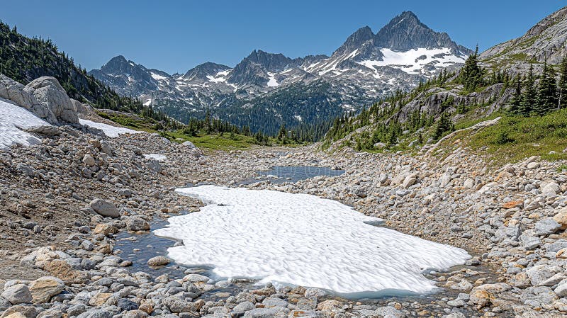 Mountain Valley with Patches of Snow and Alpine Lake Stock Illustration ...