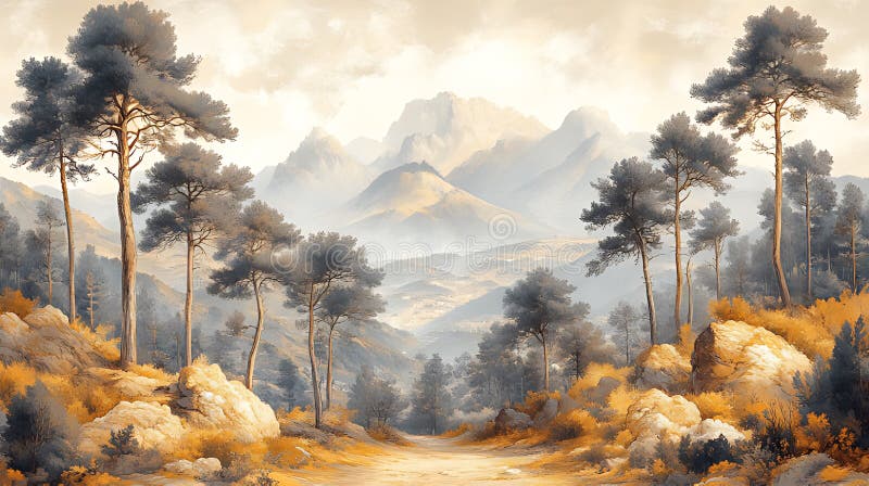 Mountain Valley Path, Pine Trees, Hazy Sunset, Scenic Art Print Stock ...