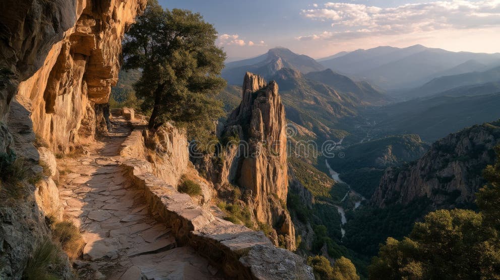 Mountain Valley Path at Sunset: a Scenic Landscape Stock Illustration ...