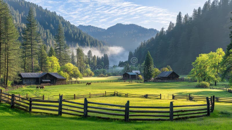 Mountain Valley Ranch Sunrise Pastoral Scene Stock Illustration ...