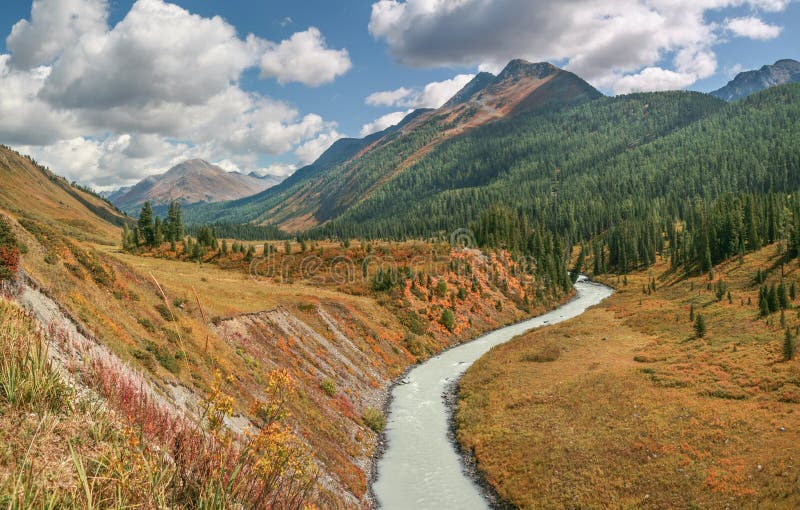 Mountain Valley with River, Autumn Stock Image - Image of mountains ...