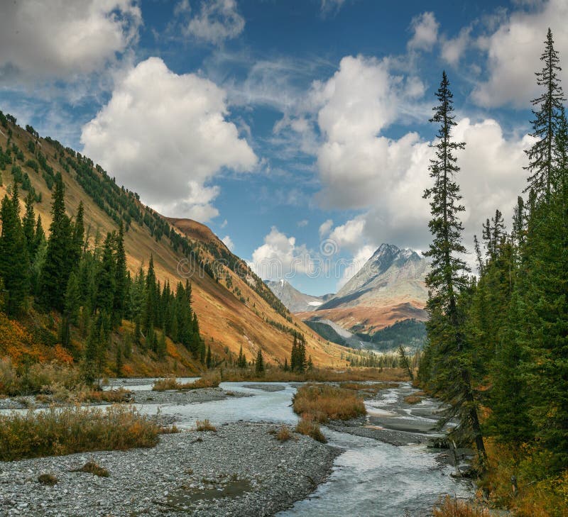 Mountain Valley with River, Autumn Stock Image - Image of mountain ...