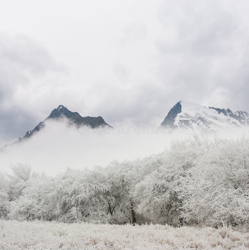 Mountain Valley in Snow Under Cloudy Sky Stock Photo - Image of outdoor ...