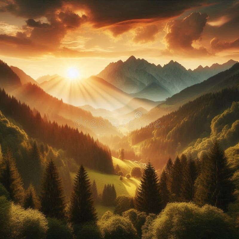 A Mountain Valley with the Sun Shining through the Trees. Stock ...