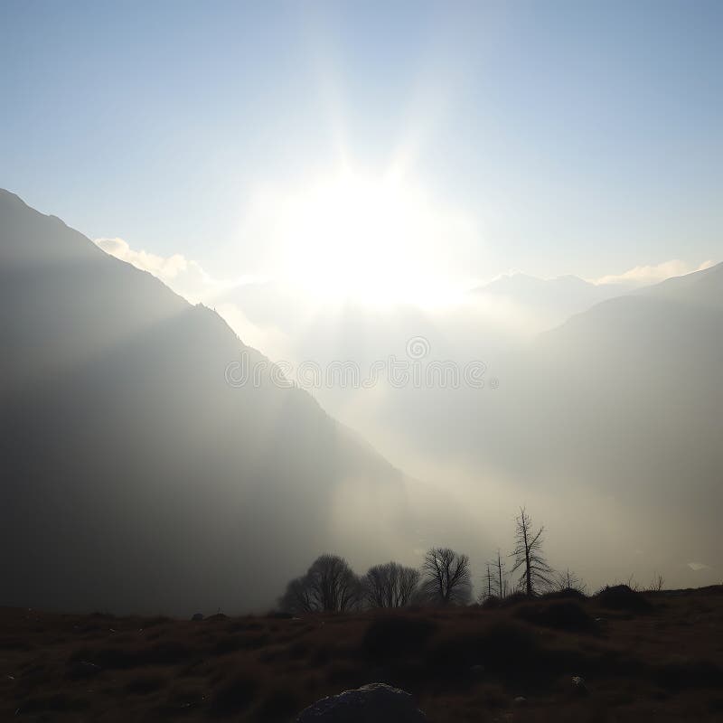 Mountain Valley with Sunlight through Fog Stock Illustration ...