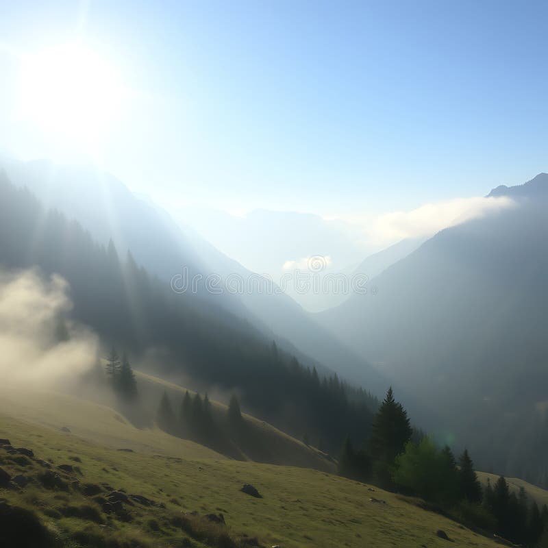 Mountain Valley with Sunlight through Fog Stock Illustration ...