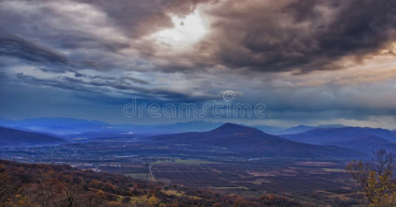 Mountain Valley before Sunrise Stock Image - Image of panorama ...