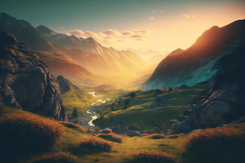 Mountain Valley during Sunrise. Natural Summer Landscape Generative AI ...
