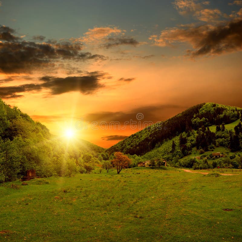 Mountain valley and sunset stock photo. Image of mountain - 14596388