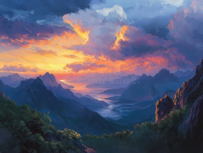 Mountain Valley at Sunset with Dramatic Sky and River View Stock Image ...