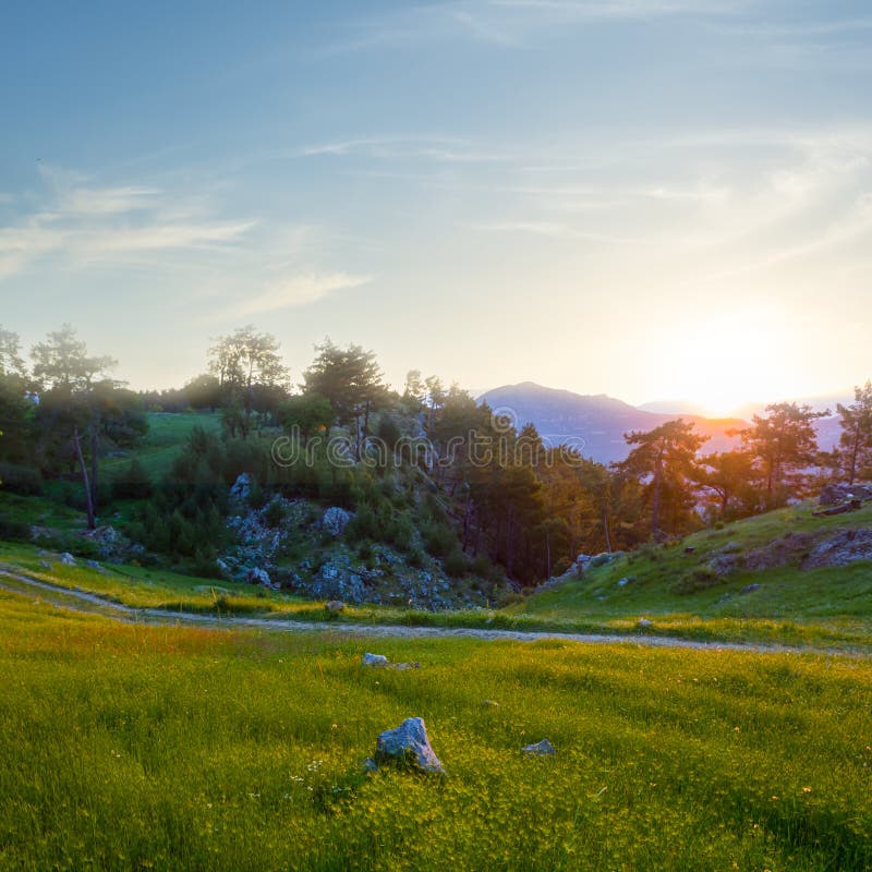 Mountain Valley at the Sunset Stock Photo - Image of scene, green ...