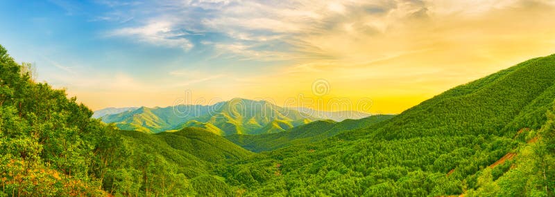 Mountain valley at sunset stock photo. Image of destination - 79516810