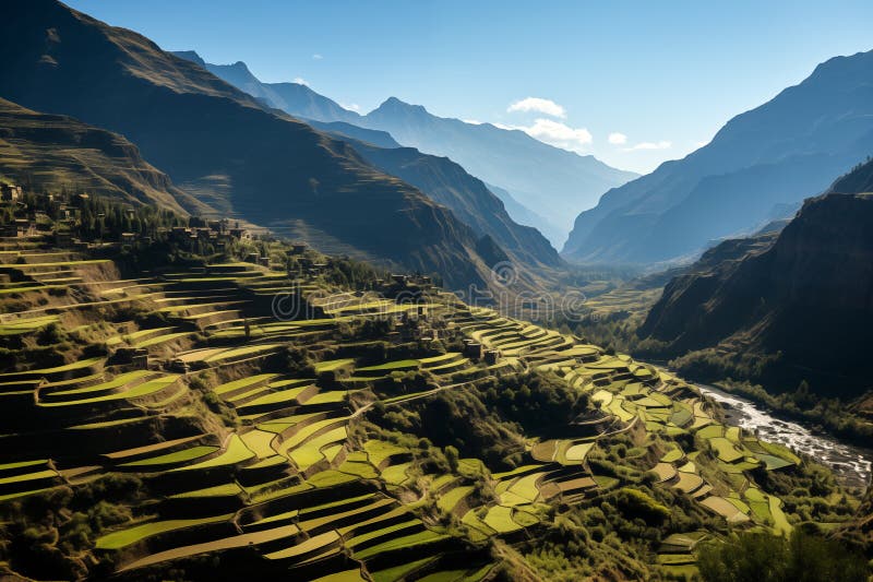 Mountain Valley with Terraced Fields Stock Illustration - Illustration ...
