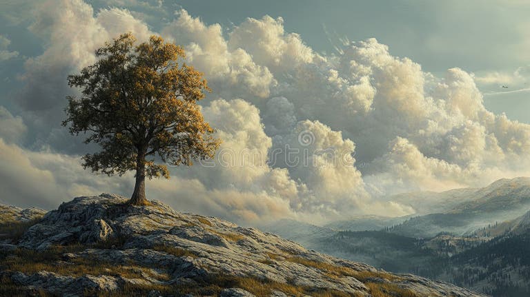 A Mountain View with Clouds Drifting and a Lone Tree Standing Tall ...
