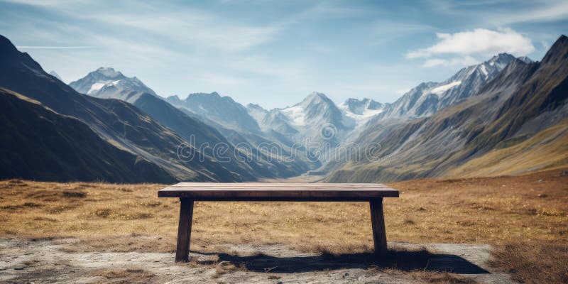 Mountain View with Empty Bench. Landscape with Wooden Bench Against ...