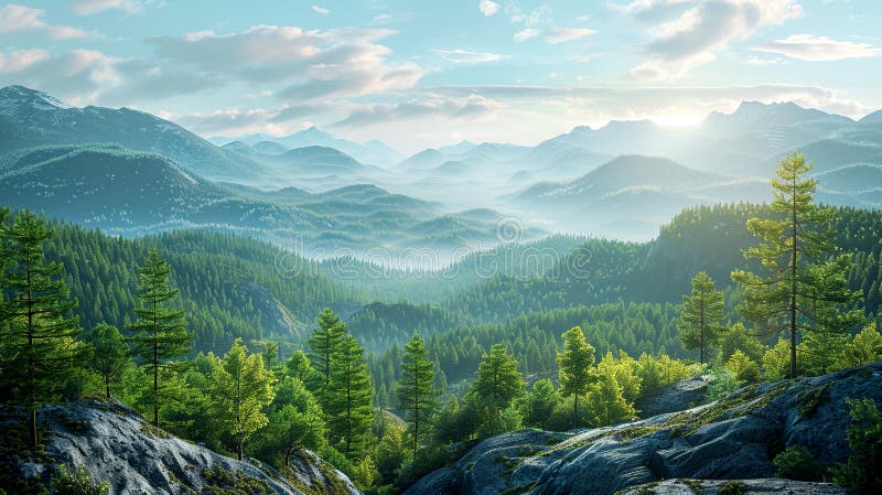 Mountain View from a Forest Ridge at Sunrise Stock Illustration ...