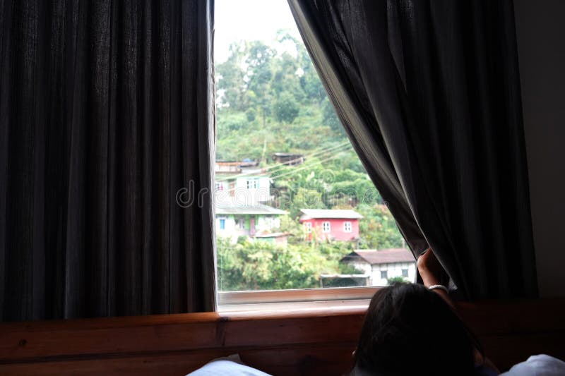 Mountain View from Hotel Window by Sliding Curtain Stock Photo - Image ...