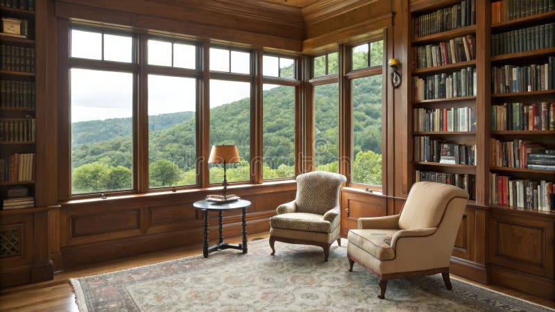 Mountain View Library Wood Paneling, Two Chairs, Rug, Scenic Window ...