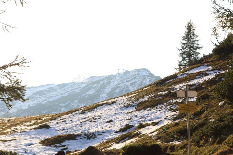Mountain View with Little Snow and Hiking Signs Stock Photo - Image of ...