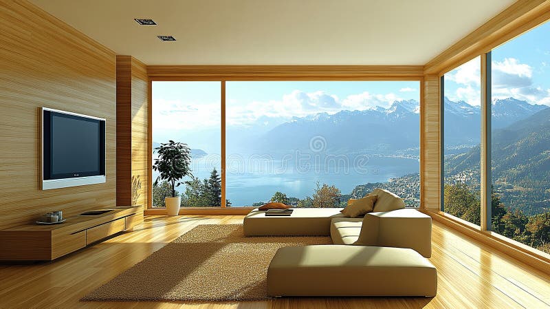 Mountain View Living Room Interior Design Stock Photo - Image of wooden ...