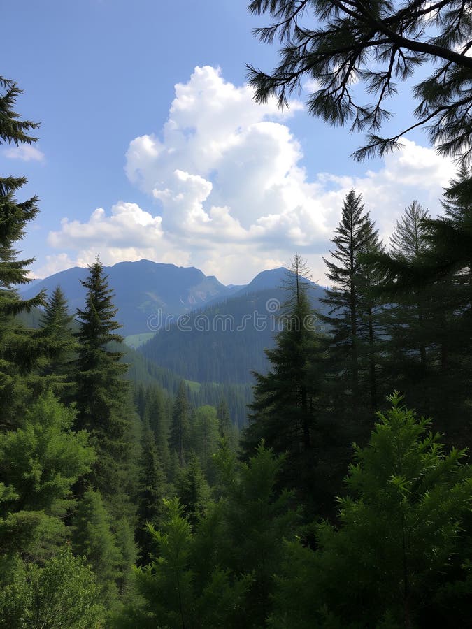 Mountain View through Lush Pine Trees Stock Illustration - Illustration ...